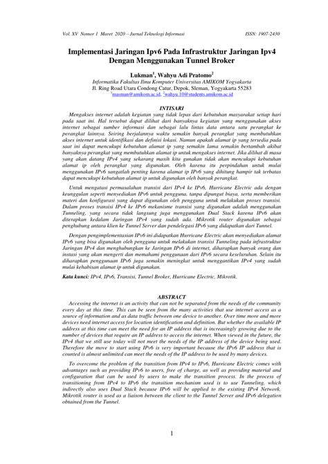PDF Implementasi Jaringan Ipv Pada Infrastruktur Jaringan Ipv Dengan Menggunakan Tunnel Broker