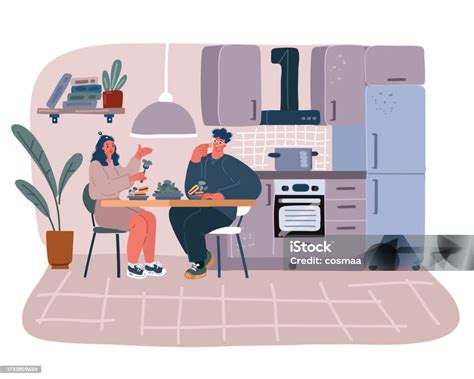 집에서 아침이나 점심을 먹는 커플의 벡터 그림 젊은이들은 음식을 먹고 현대 부엌에서 휴대전화로 인터넷 서핑을 한다 가족에 대한 스톡 벡터 아트 및 기타 이미지 Istock