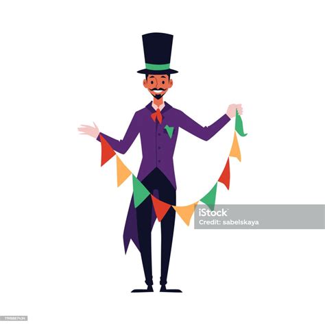 보라색 의상과 마술 트릭을위한 화려한 깃발 화환을 들고 상단 모자에 마술사 남자 마법사에 대한 스톡 벡터 아트 및 기타 이미지 마법사 마술 지팡이 손 Istock