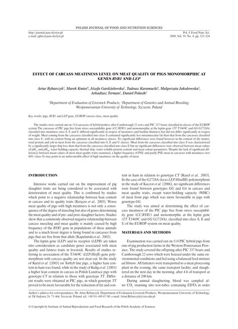 Pdf Effect Of Carcass Meatiness Level On Meat Quality Of Pigs