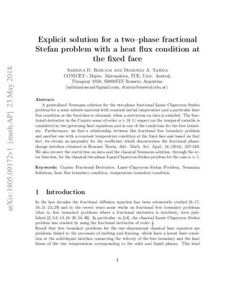 Pdf Explicit Solution For A Two Phase Fractional Stefan Problem With A Heat Flux Condition At