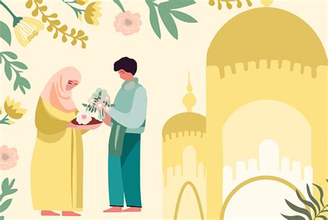 함께 축하하기 모스크 실루엣을 배경으로 한 즐거운 무슬림 공동체 남자와 여자는 선물을 교환하고 서로에게 축하를 전합니다 벡터 일러스트레이션 공휴일에 대한 스톡 벡터 아트 및