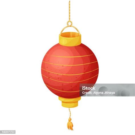 전통적인 빨간 등불 밧줄이 달린 매달린 램프 흰색 배경에 격리된 만화 스타일의 금색 요소와 술로 장식된 일본 가로등 벡터 그림