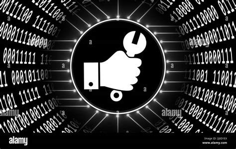 Hand With Wrench In Center Of Abstract Futuristic Background Of Data
