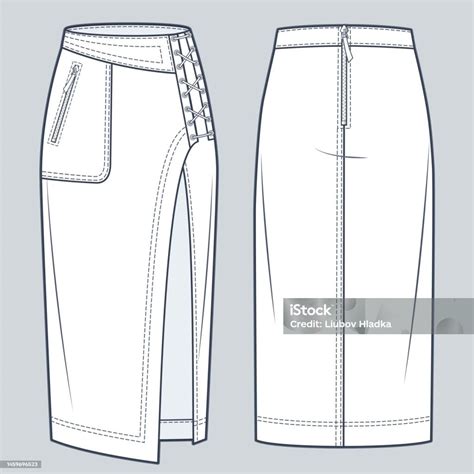 비대칭 데님 스커트 테크니컬 패션 일러스트 미디 스커트 패션 플랫 기술 도면 템플릿 지퍼 업 레이스 업 포켓 전면 슬릿 전면 및