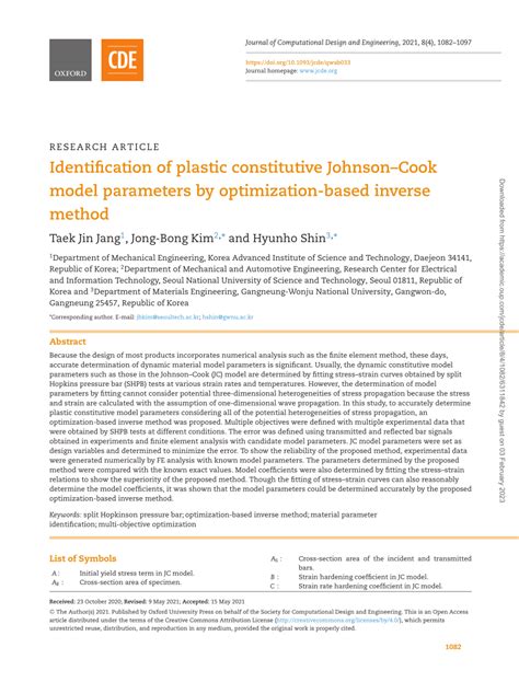 Pdf Identification Of Plastic Constitutive Johnsoncook Model Parameters By Optimization Based