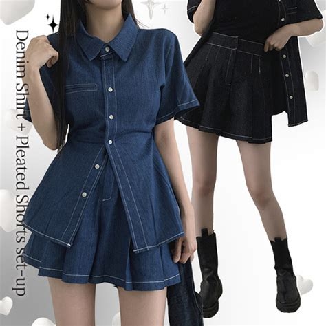 주아주아 데님셋업모델소장 도지 생지 데님 반팔셔츠플리츠 데님 숏팬츠 반바지 2color 청청코디여름신상투피스청자켓