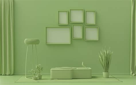 벽에 6 프레임 포스터 쇼케이스를위한 플랫 컬러 인테리어 룸 가구와 식물이있는 흑백 빛 녹색 갤러리 벽 3d 렌더링 3차원 형태에 대한 스톡 사진 및 기타 이미지 Istock