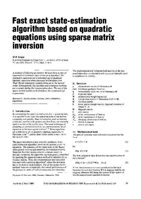 Pdf Fast Exact State Estimation Algorithm Based On Quadratic Equations Using Sparse Matrix