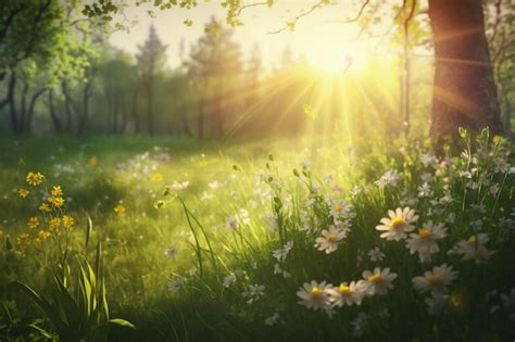 Premium Photo A Grassy Field With Flowers And Trees In The Background