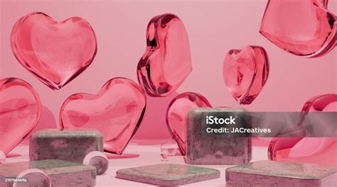 다양한 높이의 둥근 모서리가 있는 4개의 대리석 플랫폼과 분홍색 스튜디오 인테리어의 큰 유리 하트 장식 귀여운 핑크 제품 프리젠 테이션 템플릿입니다 3d 렌더링 광고 배경