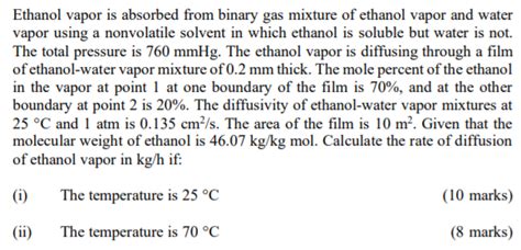 Solved Ethanol Vapor Is Absorbed From Binary Gas Mixture Of Chegg