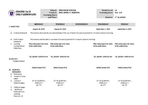 Dll Tle Ict Css 10 Q1 W2 Grades 1 To 12 Daily Lesson Log School Sped High School Grade Level