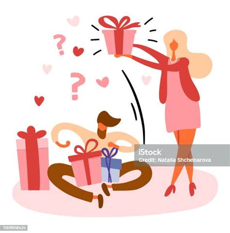 평면 만화 수염 남자는 바닥에 앉아 선물 상자를 열고 선물과 서 소녀 격리된 벡터 그림입니다 축하 및 크리스마스 또는 깜짝 경품 개념에 적용 할 수 있습니다 겨울에 대한