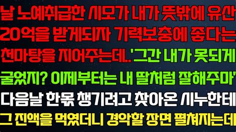 반전 신청사연 날 며느리로 인정 안하던 시모가 내가 재산 20억을 받게되자 좋은 한약을 지어주는데 시누한테 주자 대반전이