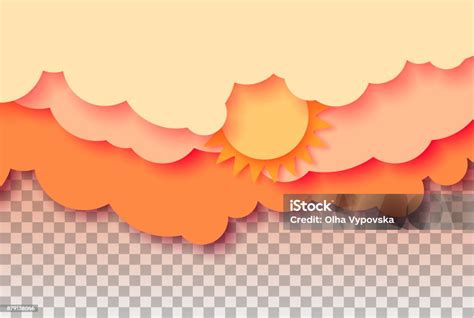 3d 추상 종이 파스텔 오렌지 하늘 태양과 구름의 그림을 잘라 벡터 화려한 템플릿입니다 일출에 대한 스톡 벡터 아트 및 기타 이미지 Istock