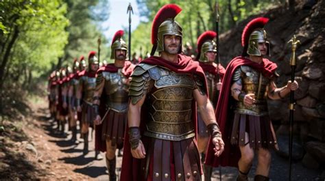 Roman Legionnaires In Combat Armor With Red Shields Marching On