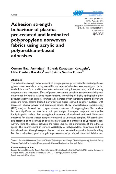 Pdf Adhesion Strength Behaviour Of Plasma Pre Treated And Laminated Polypropylene Nonwoven