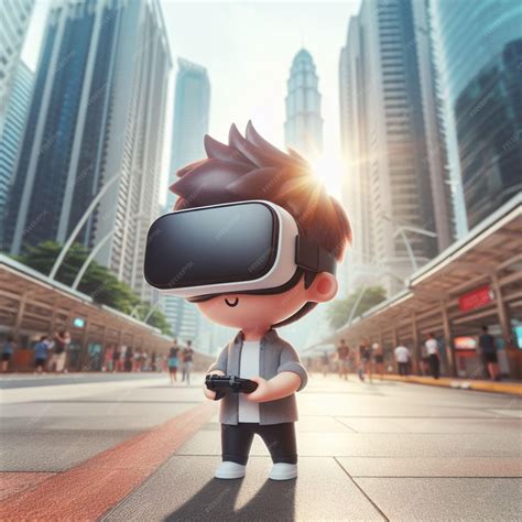 Premium Photo 3d Chibi Caricature Wearing A Vr Headset In The Midst Of A Sunlit City