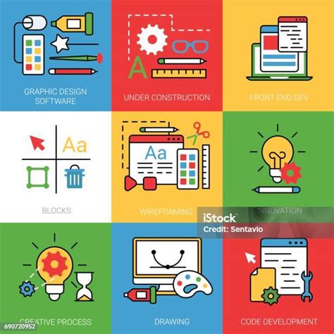 선형 평면 그래픽 디자인 도구 벡터 일러스트 레이 션 세트 프런트 엔드 개발 건설 Wireframing 혁신 창작 과정 그리기