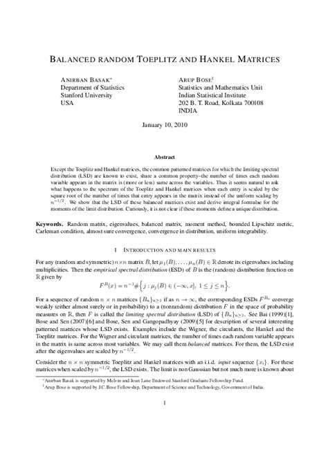 Pdf Balanced Random Toeplitz And Hankel Matrices