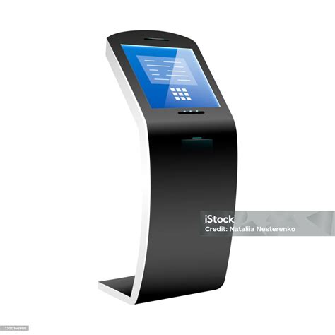 은행 터미널 사실적인 벡터 일러스트레이션 셀프 서비스 지불 키오스크 플랫 컬러 개체 대화형 소프트웨어 흰색 배경에 고립 된 금융 운영을위한 현대 독립 형 컴퓨터 3차원