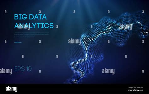 Big Data Analytics Visualization With Glowing Blue Wave Of Circular Digital Particles On Dark
