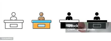 프론트 오피스 접수 아이콘 벡터 세트입니다 일러스트를 확인하는 보안 데스크 웹 사이트의 책상 아이콘 일러스트레이션 뒤에서 일하는 사람들 아이콘에 대한 스톡 벡터 아트 및