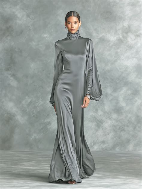 Womens Fashionable Grey Satin High Neck Long Sleeved Loose Fitting Ma