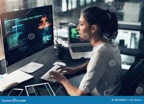 Typing Woman And Hacker Computer Programmer Or Coder Hacking Data It Focus And Female