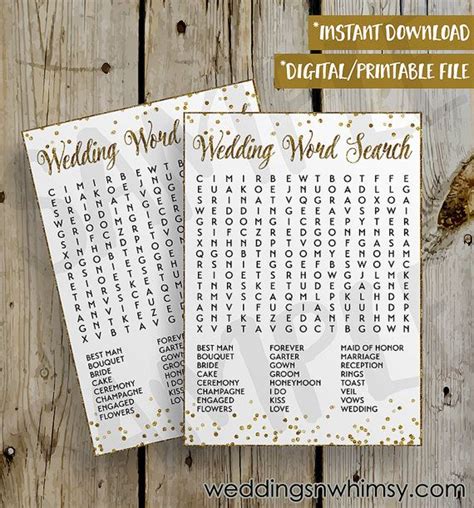 Printable Gold Glitter Confetti Wedding Word Search Bridal Shower Game Diy Instant Download Wed
