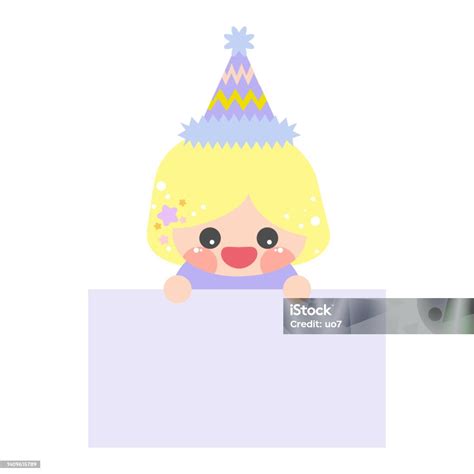 만화 귀여운 작은 생일 모자 공주 엘프 밝은 보라색 메모를 들고 있습니다 사진 텍스트 메모 레이블 프레임 작은 요정 할 일 목록 카드 흰색 배경 벡터 일러스트레이션