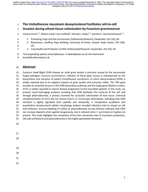 Pdf The Trichothecene Mycotoxin Deoxynivalenol Facilitates Cell To Cell Invasion During Wheat