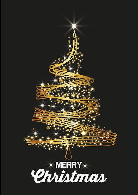 황금 크리스마스 트리와 검은 배경에 골드 빛나는 별 프리미엄 벡터