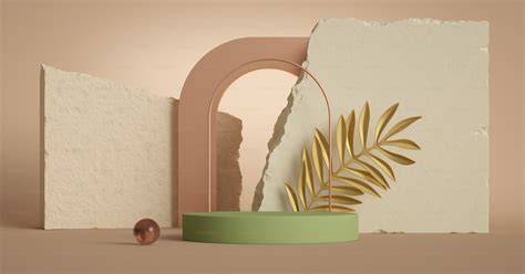 3d 렌더링 자갈 돌 아치 빈 연단 및 파스텔 배경에 격리된 열대 잎이 있는 추상 배경 제품 프레젠테이션을 위한 현대적인 미니멀 쇼케이스 장면 사진