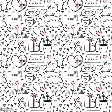 샴페인 반지 하트 구름 편지 커피 컵 케이크로 발렌타인 데이를위한 귀여운 매끄러운 패턴 벡터 손으로 그린 낙서 그림입니다 휴일