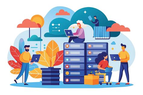 An Illustration Depicting People Working On Computers Near A Server Rack In The Cloud The Image