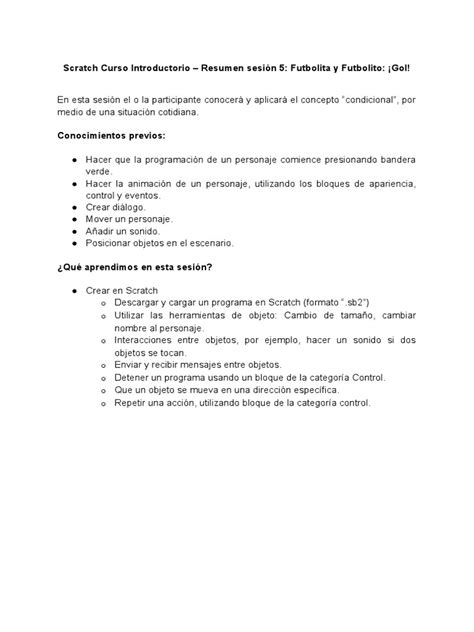 Scratch Curso Introductorio Resumen Sesión 5 Pdf Scratch Lenguaje De Programación