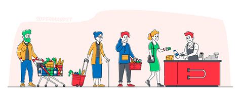 슈퍼마켓에서 쇼핑 큐입니다 구매 신용 카드에 대한 지불 계산원 데스크에서 트롤리 바구니 및 카트 스탠드에 상품고객 문자 판매 소비주의 선형 사람 벡터 일러스트레이션 벡터에