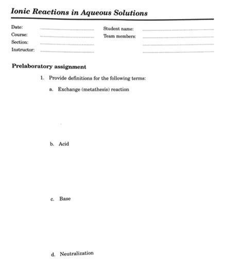 Solved Ionic Reactions In Aqueous Solutions Date Course Section