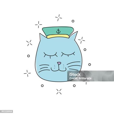 흰색 바탕에 모자에 재미 있는 선원 고양이의 손으로 그린 벡터 일러스트 레이 션 T 셔츠에 대한 스톡 벡터 아트 및 기타 이미지