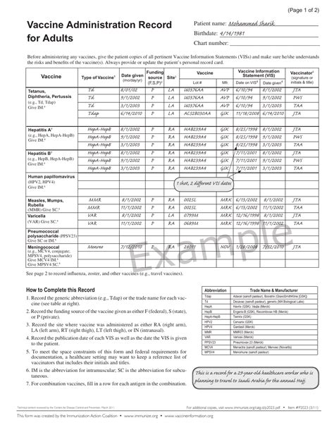 Vaccine Administration Record For Adults Download Printable Pdf