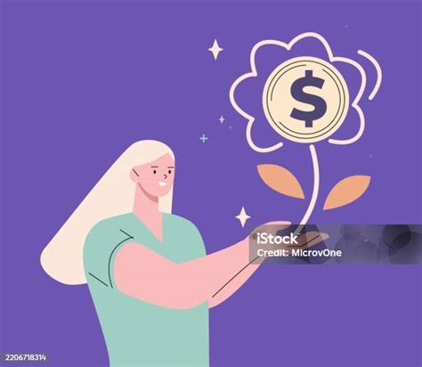 황금 동전 꽃을 들고 있는 여자 재무 개념 투자 비즈니스 성장 여성 캐릭터는 보조금 또는 이익을 받았고 벡터 돈 개념 경제에 대한 스톡 벡터 아트 및 기타 이미지 Istock