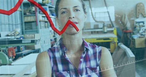 Animation Of Red Graph Processing Over Portrait Of Caucasian Female