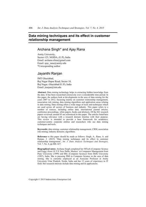 Pdf Data Mining Techniques And Its Effect In Customer Relationship Management