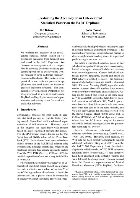 Pdf Evaluating The Accuracy Of An Unlexicalized Statistical Parser On