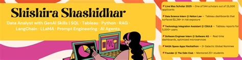Shishira Shashidhar We25 Python Sql Tableau Generative Ai And Machine Learning Rag Llama