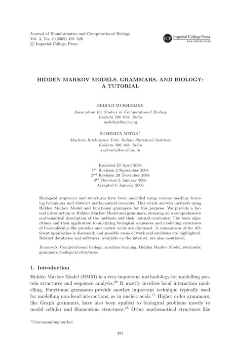 Pdf Hidden Markov Models Grammars And Biology A Tutorial