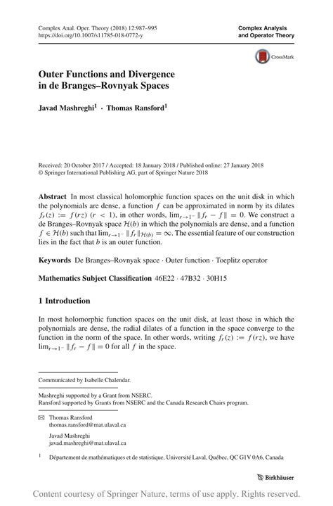 Outer Functions And Divergence In De Branges Rovnyak Spaces Request Pdf