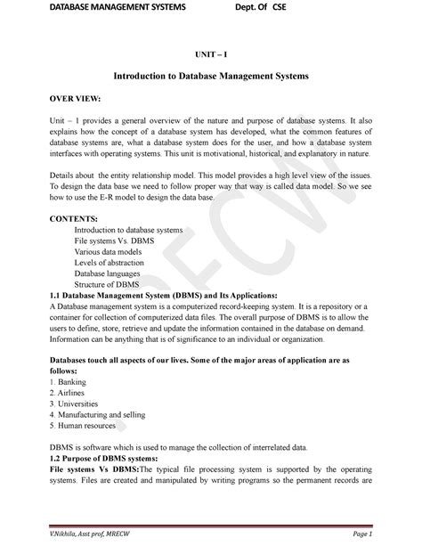 dbms digital notes cse unit i introduction to database management